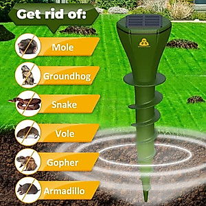Mole Repellent Screw Solar Powered Outdoor Groundhog Deterrent Vibration Stakes Quiet Get Rid of Snake Vole Gopher Armadillo for Yard Lawns - No Noise Poison Kill Traps (Green 4pack)