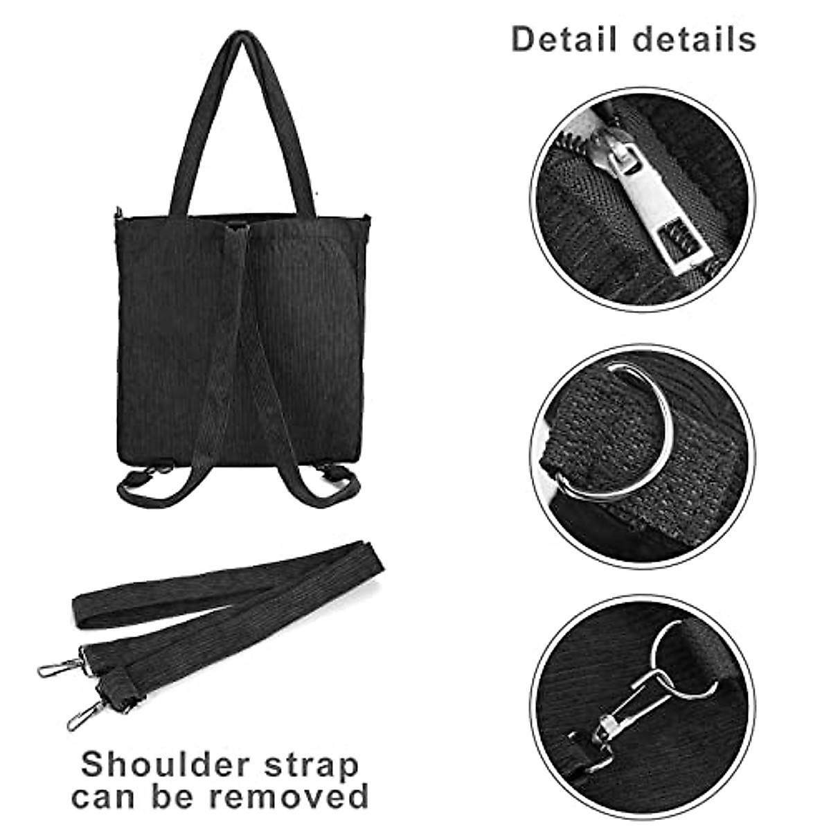 WULIQIUQIU Corduroy Crossbody Bag for Women Convertible Backpack Over The Shoulder Tote Purse Student Fashion Handbag Black