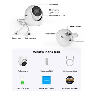 (Hikvision Compatible) H.VIEW 5MP Outdoor POE Camera Dome Turret IP Security Camera, 100ft IR Night Vision, 2.8mm Fixed lens, H.265+ IP PoE Outdoor Camera, RTSP,RTMP WDR,Support SD Card