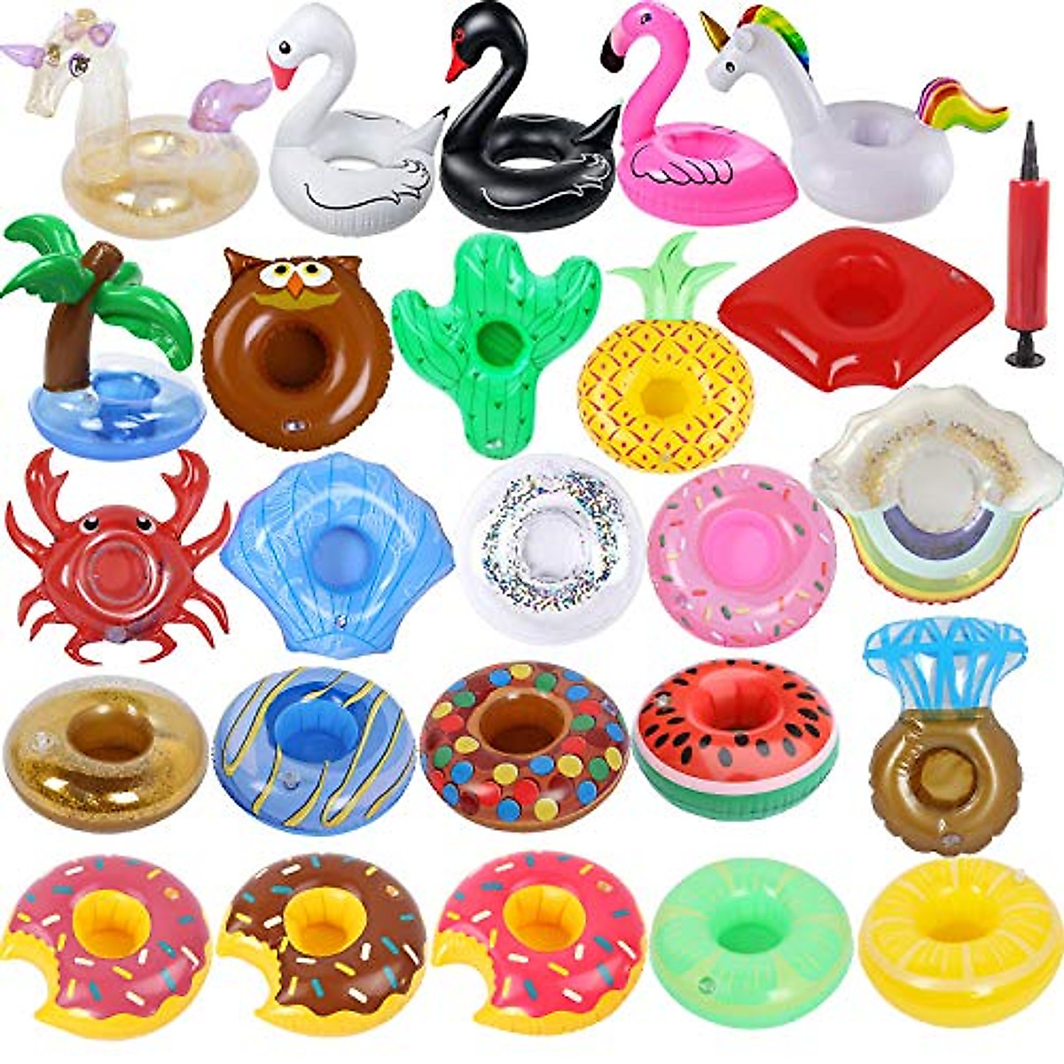 Inflatable Drink Holder, 25 Pack Pool Drink Floats Inflatable Cup Holders + 1 Hand Pump, Drink Floaties for Swimming Pool Party
