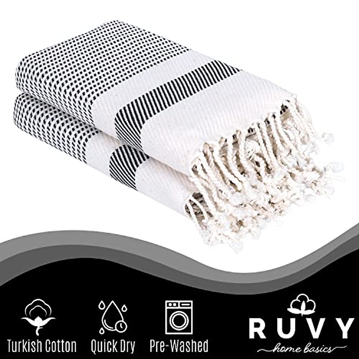 Ruvy Turkish Hand Towels for Bathroom Set of 4 | 18"x40", Cotton | Bathroom Hand Towels & Decorative Hand Towels for Bathroom, Kitchen Towels, Dishcloth, Tea, Yoga, Face, Gym - Black