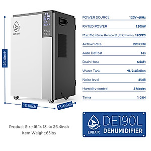 LUBAIR 190 Pint Commercial Dehumidifier for Basement with Drain Hose Dehumidifier for Large Room and 2.4 Gal Water Tank for Commercial Spaces to 7000 Sq.Ft.Auto Defrost.