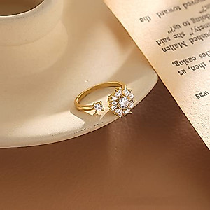 Rotatable Pearl Flower Round CZ Anti Anxiety Statement Adjustable Wrap Open Rings for Women 14K Gold Plated Cubic Zirconia Crystal Stress Relief Fidget Spinner Ring Dainty Expandable Stacking Worry Knuckle Snowflake Rings Fashion Jewelry Gifts Bff Xmas