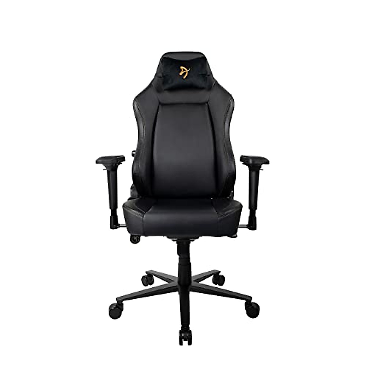Arozzi Primo Premium PU Leather Gaming Chair Office Chair with Recliner Swivel Tilt Rocker Adjustable Height 4D Armrests Neck Pillow and Built-in Lumbar Adjustment - Black with Gold Accents