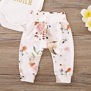 4Pcs Infant Girl Outfits Baby Sister Bodysuit Tops Floral Leggings Pants Set Bowknot Headbands Newborn Clothes (Little Sister,0-3 Months)