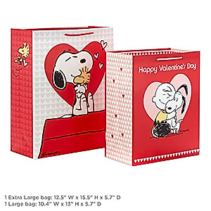 Hallmark Peanuts Valentine's Day Gift Bag Bundle (2 Bags: 1 Large 13", 1 Extra Large 15") with Charlie Brown, Snoopy, Woodstock