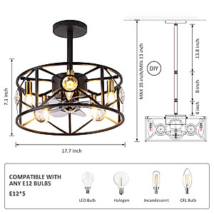 PAZALA Ceiling Fan with Light - Black Caged Ceiling Fan with Lights and Remote, Rustic Farmhouse Chandelier Ceiling Fan with 5 Lights, 3 Speed Reversible Airflow