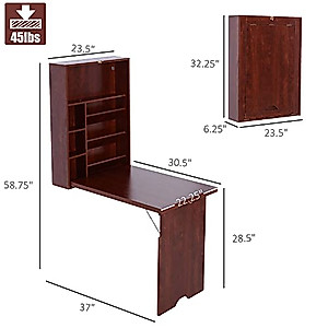 HOMCOM Compact Fold Out Wall Mounted Convertible Desk with Storage, Mahogany