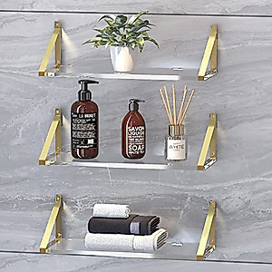 Gold Shelves Crystal-Clear Acrylic Floating Shelves,Gold Floating Shelves,Gold Wall Shelf,Sturdy Thickness 10mm(0.4inch) Acrylic Shelves for Wall Decor,Gold Shelving for Living Room Decor Set of 3.