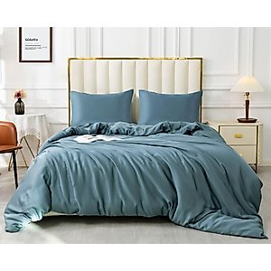 GOKOTTA Duvet Cover Queen Size, Rayon Made from Bamboo, Soft Duvet Cover Set 3 Piece with Button Closure, 1 Duvet Cover 90 x 92 Inches with Corner Ties and 2 Envelope Pillow Shams(Blue,Queen)