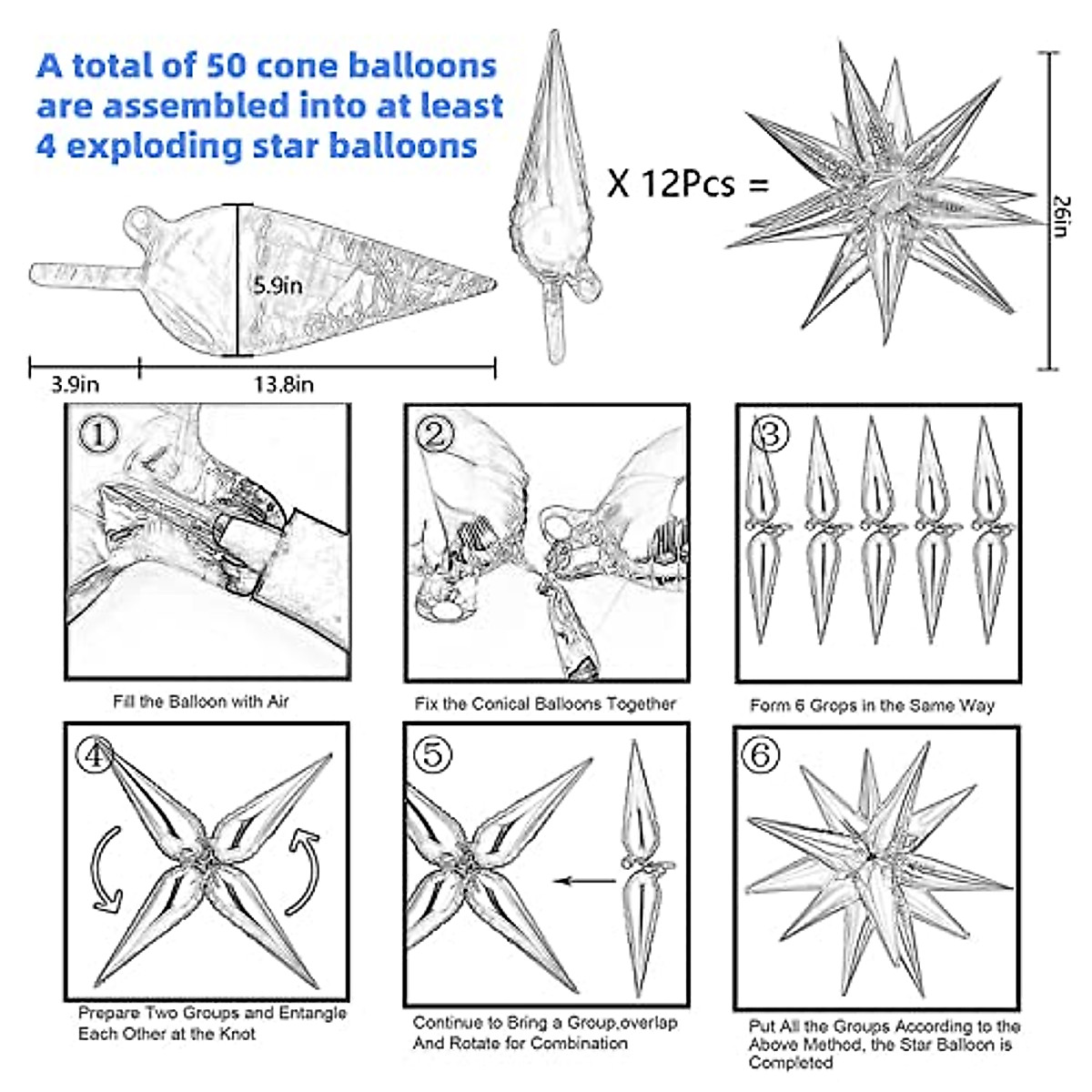 12 Point Star Balloons- 50pcs Gold Explosion Star Foil Balloons, 3D Starburst Cone Mylar Balloons for Halloween Christmas Birthday Party Baby Shower Wedding Photo Booth Backdrop