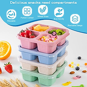 T TRIPLOG Bento Snack Boxes, Reusable 4 Compartments Food Containers for School, Work and Travel, Stackable Set of 4