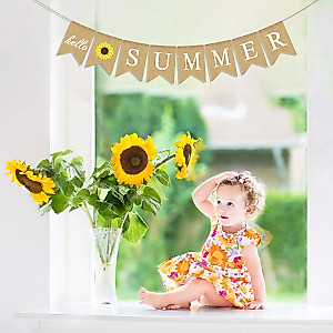 Jute Burlap Hello Summer Banner with Sunflower Summer Party Mantel Fireplace Decoration