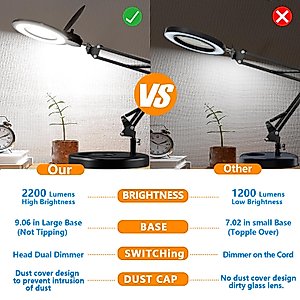 HITTI 【Upgraded Switch】 10X Magnifying Glass with Light, 2200 Lumens 2-1 Desk & Clamp Magnifying Lamp, Stepless Color and Brightness, Hands Free Magnifier Light and Stand for Crafts Workbench-Black