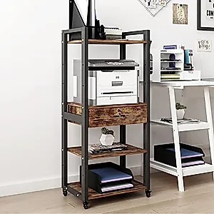 Natwind 4-Tiers Home Office Printer Stand Rack with Drawer Mobile Double Printer Cart with Adjustable Shelves Large Storage Rack on Wheels for Home Office Study Kitchen (Retro)
