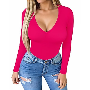 MANGOPOP Deep V Neck Long Sleeve Bodysuits for Women Sexy Going Out Tops Body Suits(Rose Pink,Medium)