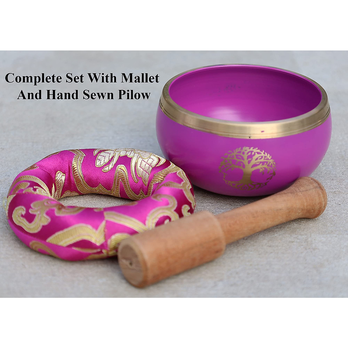 Tree Of Life Singing Bowl Complete Set ~ For Meditation, Yoga, Spiritual Healing and Mindfulness (Pink)