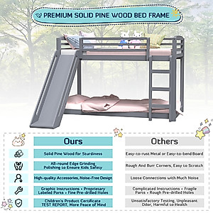 DreamBuck Bunk Bed with Slide, Solid Wood Twin Over Twin Bunk Bed with Ladder and Safety Guardrails, Floor Bunk Bed for Kids Boys Girls, Low Bunk Bed Space-Saving, Easy Assembly, Grey