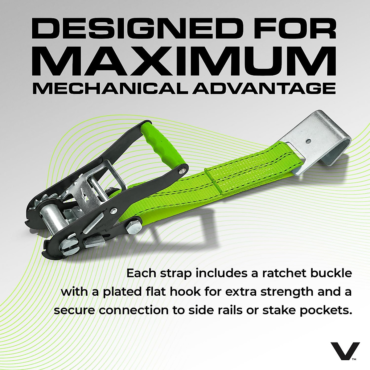 VULCAN Car Tie Down with Flat Hooks - Lasso Style - 2 Inch x 96 Inch - 4 Pack - High-Viz - 3,300 Pound Safe Working Load