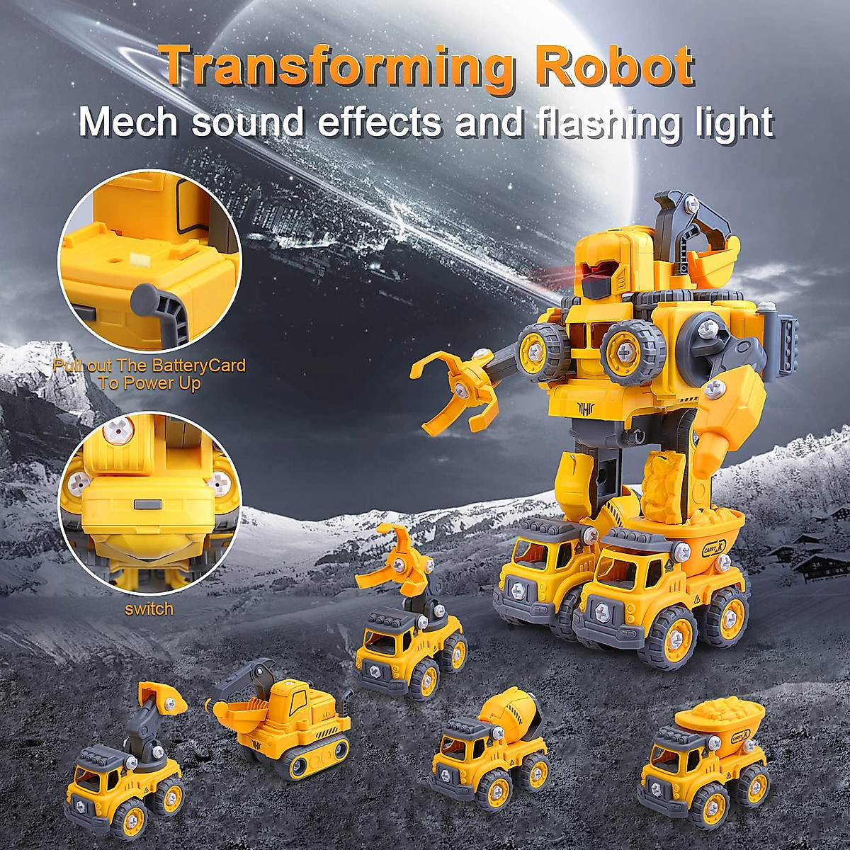 Toy Car Set for Kids 5 in 1 Transform Robot Take Apart Toys Building Toys Excavator Construction Vehicle Robot Toy with Sound and Light Effect for 3 4 5 6 7 8 Olds Boys and Girls Gift