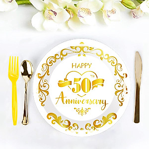 75 Pcs 50th Anniversary Wedding Party Supplies,50th Anniversary Wedding Party Tableware Set 7" 50 Years Golden Paper Plates Fork Fifty Anniversary Party Decorations 50th Brithday Party Decorations