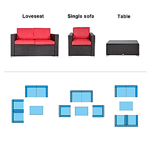 Kinsunny 4 PCs Outdoor Wicker Rattan Sofa Set Patio Furniture Wicker Rattan Sectional Sofa Couch with Glass Coffee Table Washable Removable Cushions for Backyard Pool