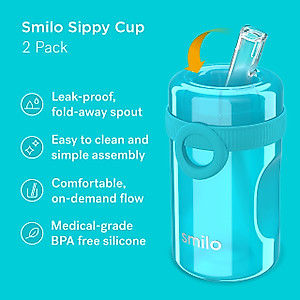 Smilo Sippy Cup 2 Pack for Toddlers (1+ years) with Spill Proof & Fold-Away Silicone Spout - 8.5 oz Capacity - BPA-Free Toddler Cups Made in the USA - Aqua & Green