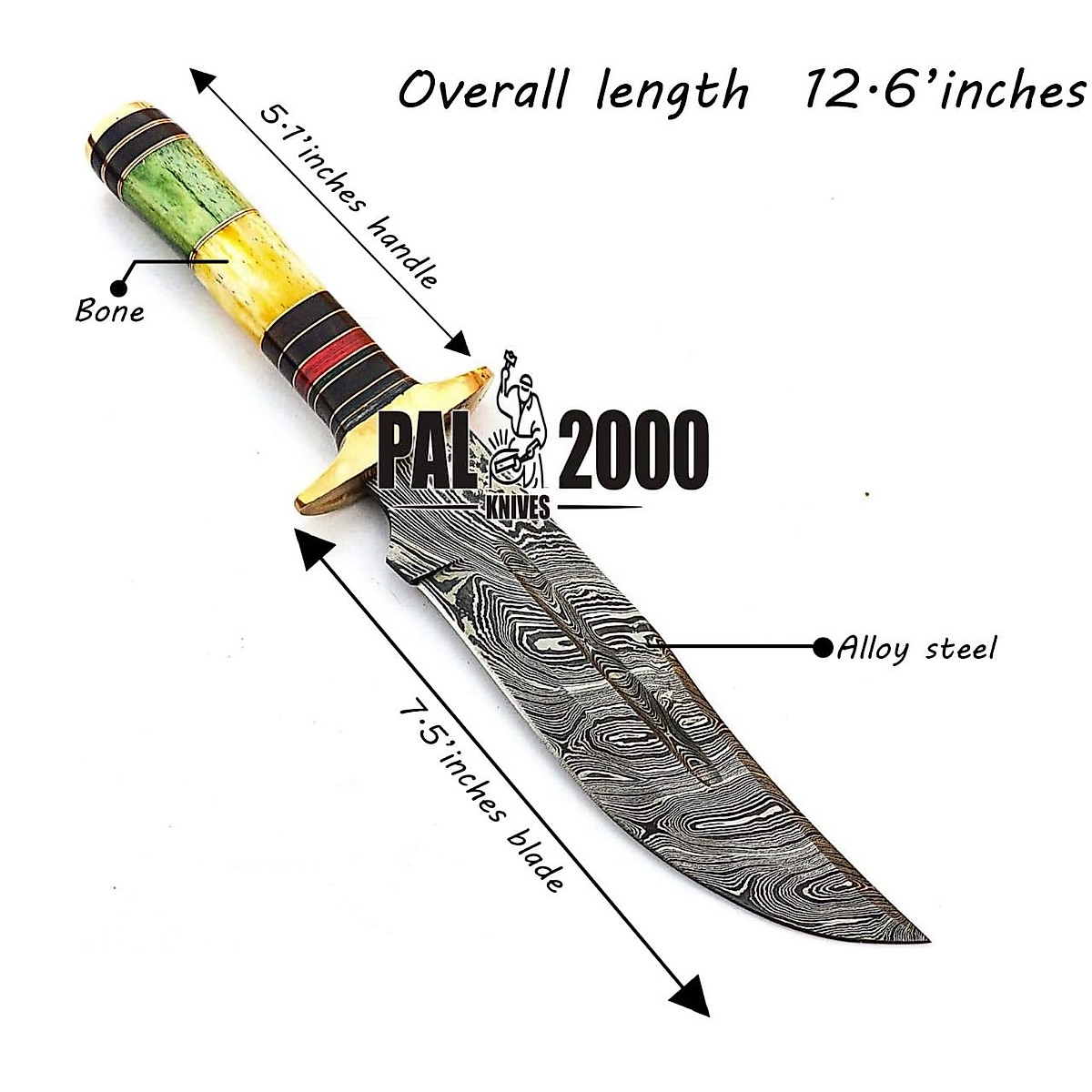 PAL 2000 KNIVES HUN-9314 Custom Handmade Damascus Steel Knife Colored Camel Bone Handle