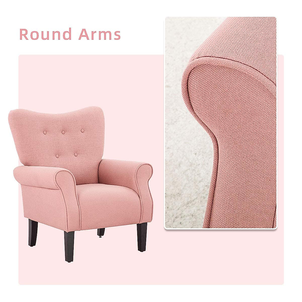 YOLENY Modern Accent Chair,High Back Armchair,Upholstered Fabric Button Single Sofa with Wooden Legs for Living Room,Bedroom,Club,Light Pink