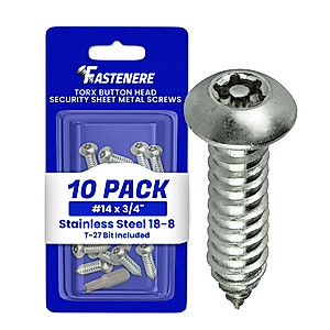 Fastenere Torx Security Sheet Metal Screws - #14 x 3/4" (10-Pack) Button Head, Tamper-Resistant, Anti Theft Stainless Steel Screws for Higher Level of Safety & Secure Fastening Solution