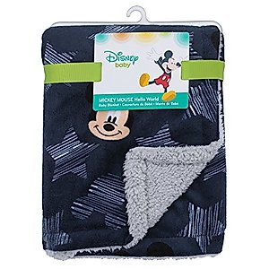 Disney Mickey Mouse Hello World Star/Icon Super Soft Double Sided Velour/Sherpa Baby Blanket, Navy, Grey, White