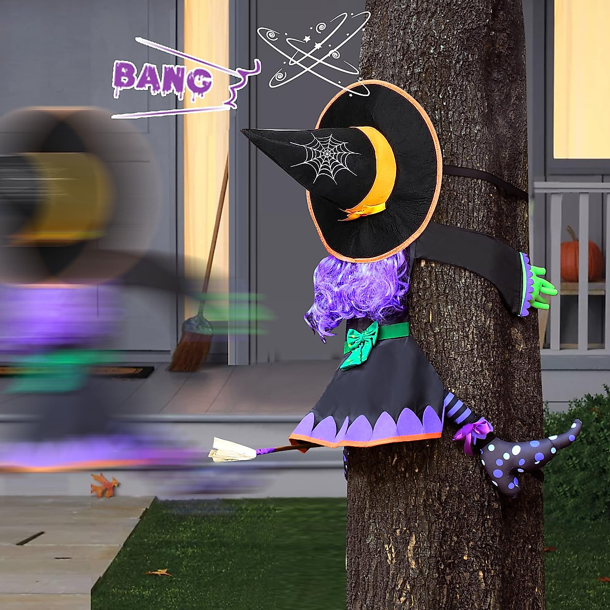 Miracleart Crashing Witch Halloween Decorations(47" H), Funny Flying Crashing Witch into Tree, Outdoor Indoor Crashed Witch Props Halloween Party Hanging Decorations