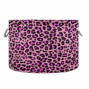 Kigai Storage Basket Pink Purple Leopard Round Toy Baskets Foldable Nursery Organizer Waterproof Inner Layer with Sturdy Handles Clothes Laundry Hamper Bin