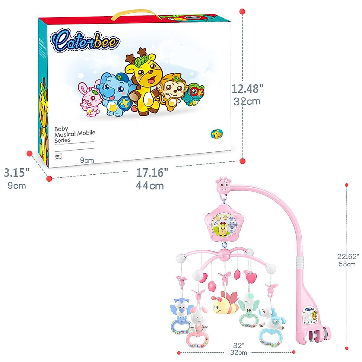 Baby Mobile for Crib with Music and Lights, Remote and Projection. Pack and Play Toys for Ages 0+ Months (Pink-Bee)