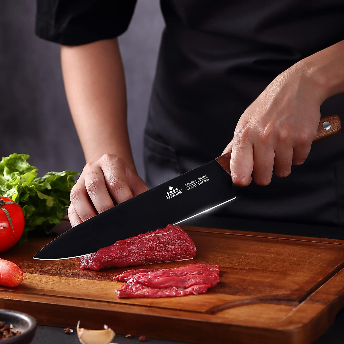 ENOKING 6PCS Knife Set with block, Magnetic Wood Knife Holder with Acrylic Shield, German High Carbon Stainless Steel Blades