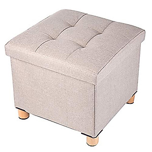 BRIAN & DANY Foldable Storage Ottoman Footrest and Seat Cube with Wooden Feet and Lid, Khaki 15” x15” x14.7”