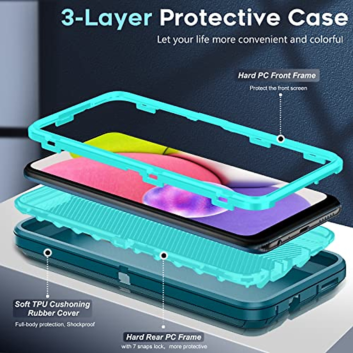 LeYi for Samsung Galaxy A03S Case, Samsung AO3S Phone Case with [2 Pack] Tempered Glass Screen Protectors, 3 in 1 Full Body Shockproof Rubber Dustproof Rugged Defender Case for Galaxy A03S, Teal Blue
