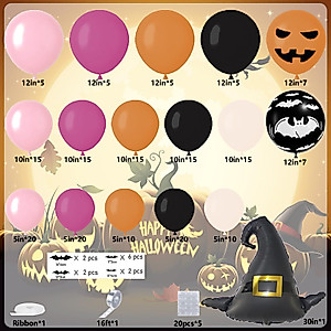 196Pcs Halloween Balloons Garland Arch Kit with Spider Ghosts Foil Balloons Pink Black Orange Sand White Balloons for Kids Halloween Spooky Costume Party Decorations