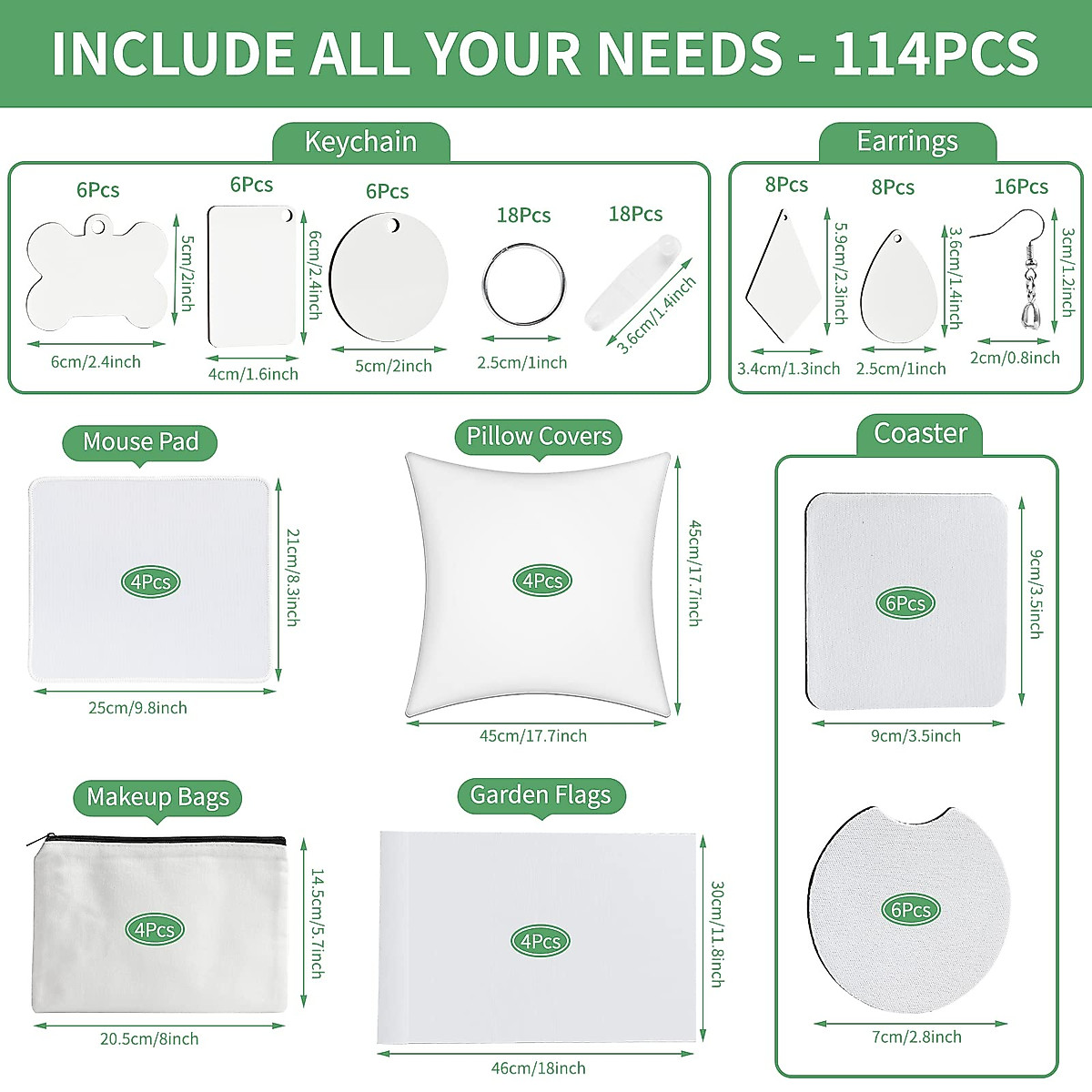 114Pcs Sublimation Blanks Products, Sublimation Blanks Set Including DIY Blank Makeup Bag, Keychain, Earring, Pillow Cover, Mouse Pad, Coaster, Garden Flag for Sublimation Transfer Heat Press Printing