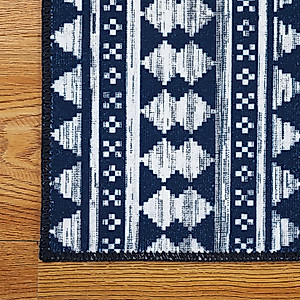 Fashionwu Boho Rug Large Washable Rug Area Rug 8 x 10 with Non Slip Backing for Dining Room, Bedroom, Navy Blue Rug Low-Pile Rug Non-Shedding Rugs for Living Room Home Office Area Rug, Blue and White