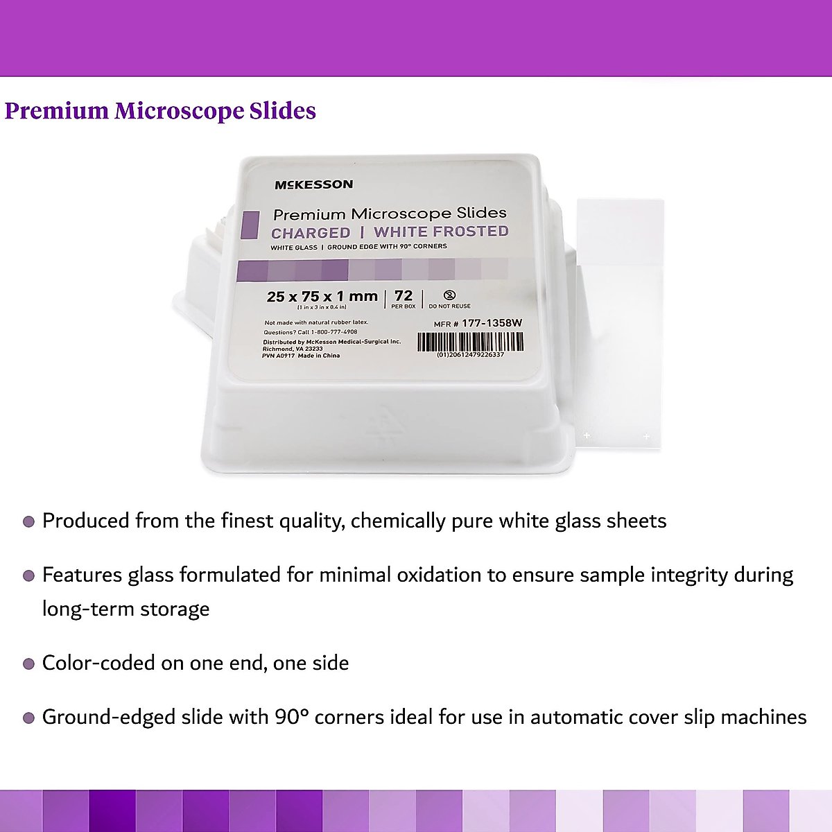 McKesson Microscope Slides - Charged, White Frosted, Ground Edged with 90° Corners, Pre-Cleaned Glass Slides, 72 Count