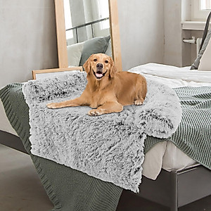 Giantex Calming Dog Bed - Fluffy Plush Pet Bed for Couch, Removable Washable Cover, Soft Neck Bolster, Dog Sofa Bed Furniture Protector Mats for Dogs Cats (Light Gray, Large - 47'' x 45'' x 7'')