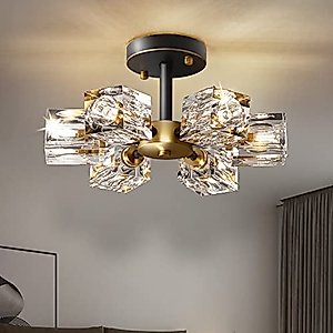 OKES Semi Flush Mount Ceiling Light,13inch Modern Black and Gold Crystal Chandeliers,6-Lights Industrial Sputnik Chandeliers for Bedroom,Kitchen,Hallway,brthroom,entryway,Dining Room