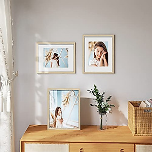 Afuly 11x14 Picture Frame 8x10 Picture with Mat 11 by 14 Frame without Mat Natural Wood Texture Wall Mounted Gallery Display Weddings Birthday Graduation Gifts for Family, Set of 2, Oak Beige