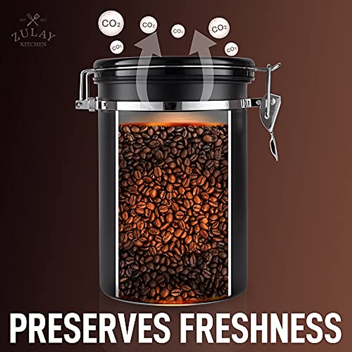 Zulay 21oz Coffee Canister For Ground Coffee - Stainless Steel Coffee Canisters With Scoop Holder & Date Tracker - Airtight Coffee Container & Coffee Storage For Coffee Jar, Tea, Sugar, Flour (Black)