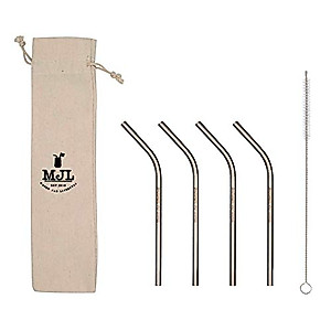 Short Thin Bent Stainless Steel Straws for Cocktail Glasses, Small Cups, or Half Pint Mason Jars (4 Pack + Cleaning Brush + Cloth Bag)