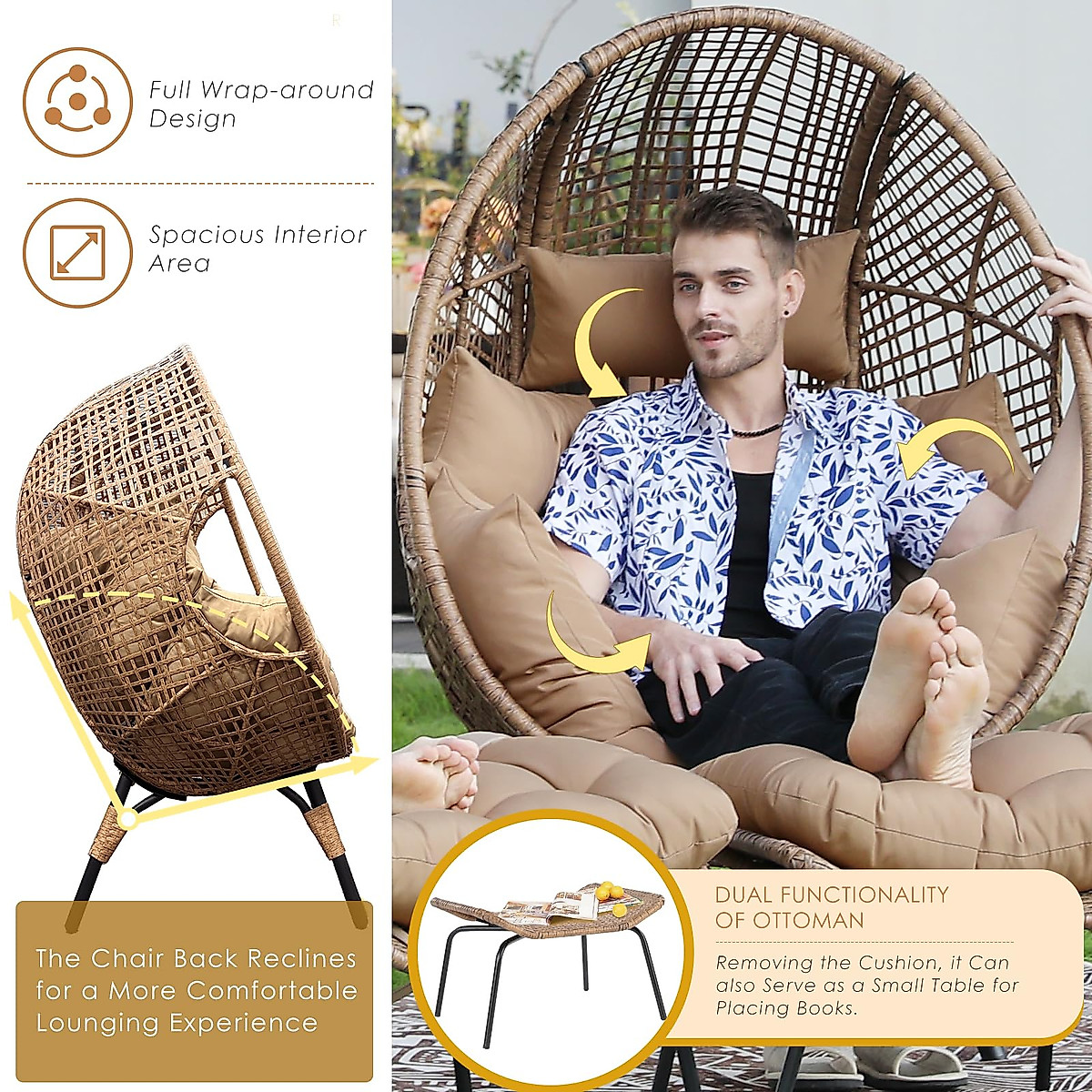 NICESOUL® 2 Person Indoor Outdoor Stationary Wicker Egg Chair Oversized Thicken Cushions Double Egg Seat 440lbs Egg Basket Lounge Chair with Ottomans, Boho Rattan Chair for Patio Brown