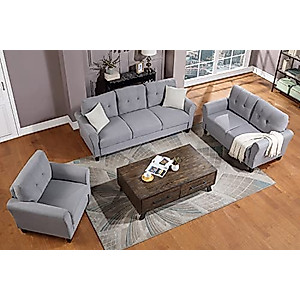 Harper & Bright Designs 3-Piece Living Room Sectional Sofa Set, Modern Style Button Tufted Linen Upholstered Armchair Loveseat Sofa and Three Seat Sofa Set Sectional Couch, Light Grey Blue