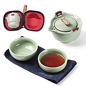 Travel Ceramic Tea Pot Set, Chinese Kung Fu Teapot 1 Pot 2 Mini Cup Porcelain Gongfu Teacups with Infuser Portable Bag All in One for Picnic Outdoor Camping Hotel
