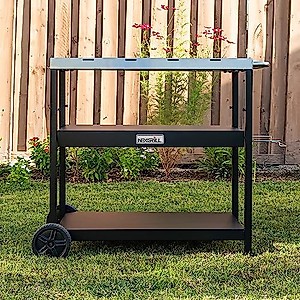 Nexgrill Outdoor Stainless Steel Food Preparation Cart with Double Shelf, 648 sq. in., Portable, Side Handle, Paper Towel and Trash Bag Holder, 4 Hooks, Backyard and Patio Barbeque Grill Cart